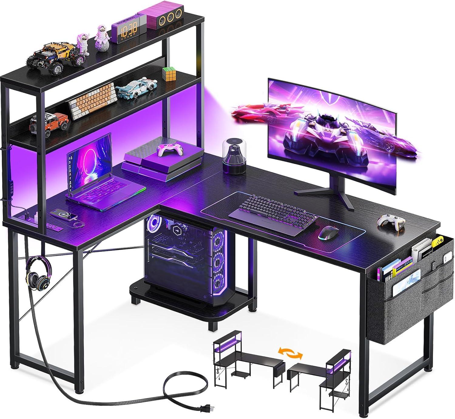 AODK L-Shaped Desk — Corner Setup with LEDs & Outlets